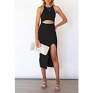 Pink Queen Women's Sleeveless Bodycon Dresses Crew Neck Cutout Side Slit Club Knit Midi Dresses Black L