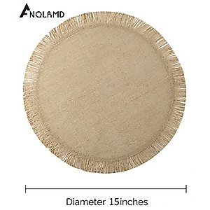 ANQLRMD Burlap Round Placemats Set of 6 Fall Table Decor, Boho Natural Jute with Fringe Table Mats for Dining Table, Rustic Farmhouse Table Circle Placemats Dia 15", Indoor& Outdoor Eco-Friendly