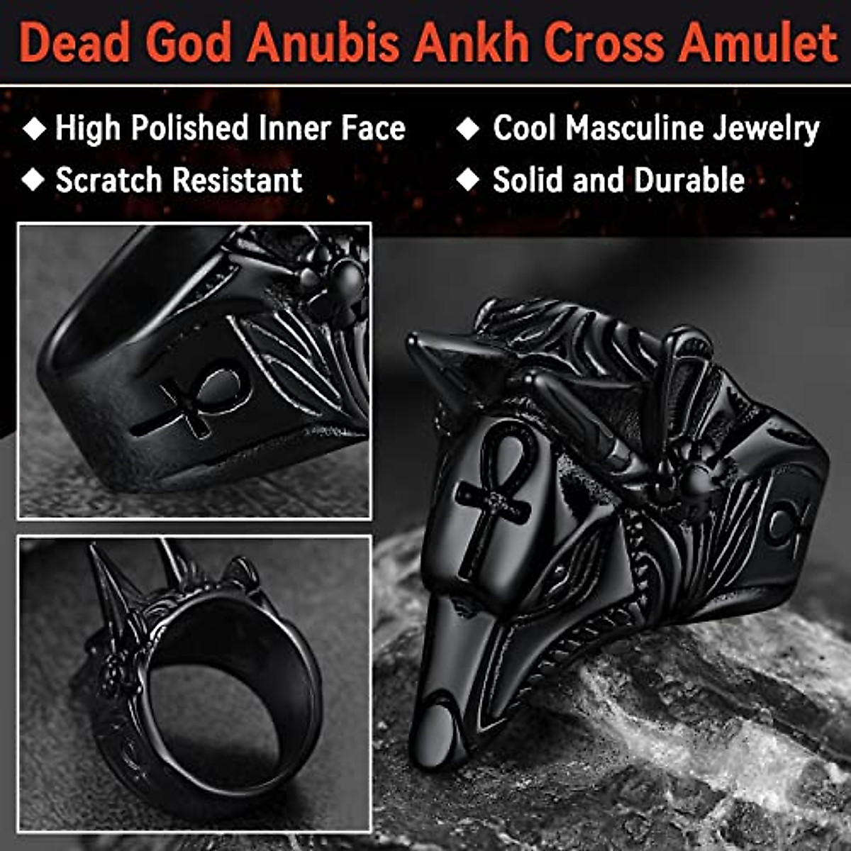 Male Anubis Ring Black Size 8 Stainless Steel Vintage Egyptian Protective Thumb Finger Rings