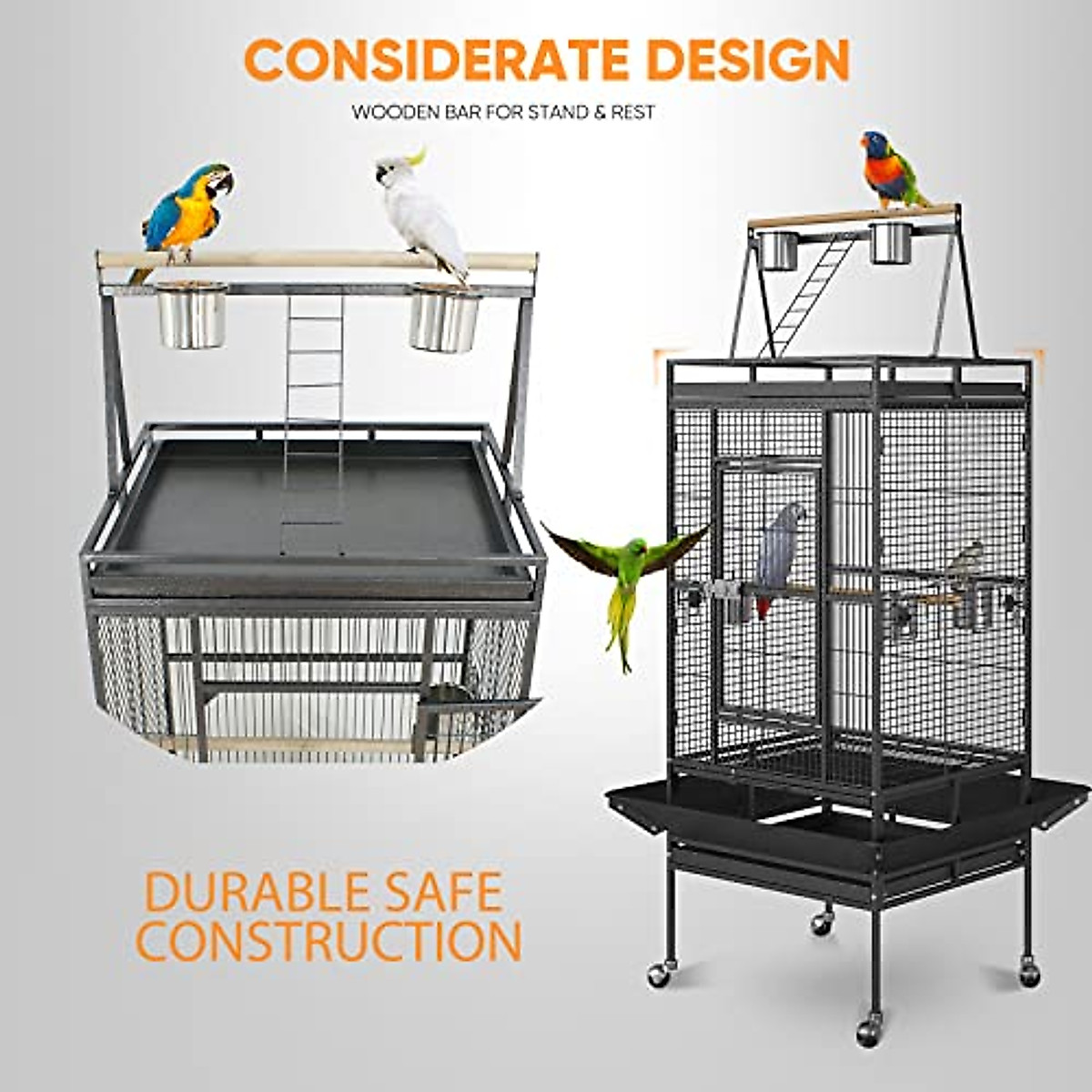 SUPER DEAL 68-inch Large Bird Cage with Rolling Stand African Grey Parrot Chinchilla Finch Cage Macaw Conure Cockatiel Cockatoo Pet House Wrought Iron Birdcage, Black