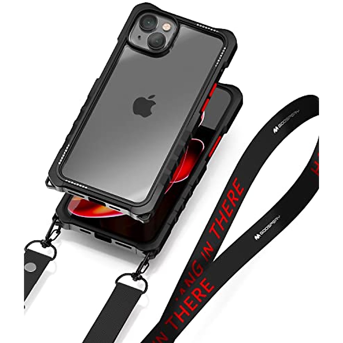 GOOSPERY Z Bumper Crossbody Compatible with iPhone 14 Plus Case [Strap Included] Shock Absorbing Dual Layer Structure TPU Edge Crystal Clear PC with Strap Outdoor Design, Black