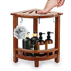 Corner Shower Stool 12in shower Seat for Inside Shower Bamboo Shower Stool for Shaving Legs Waterproof Bath Bench Seat with Storage Shelf Bamboo Shower Foot Rest for Small Shower Spaces Bath Seat