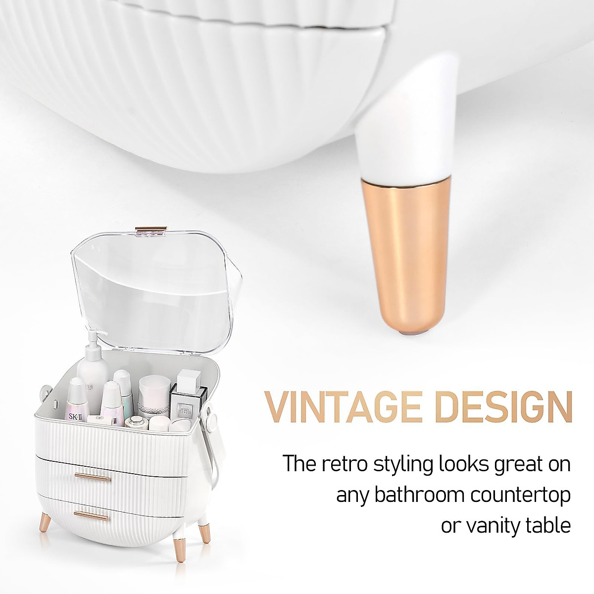 IGDMM Preppy Makeup Organizers,Skincare Organizer for College Students,Portable Cosmetic Organizer Makeup Caddy for Dorm,Bathroom,Dresser Cosmetic Storage Box. (WHITE)