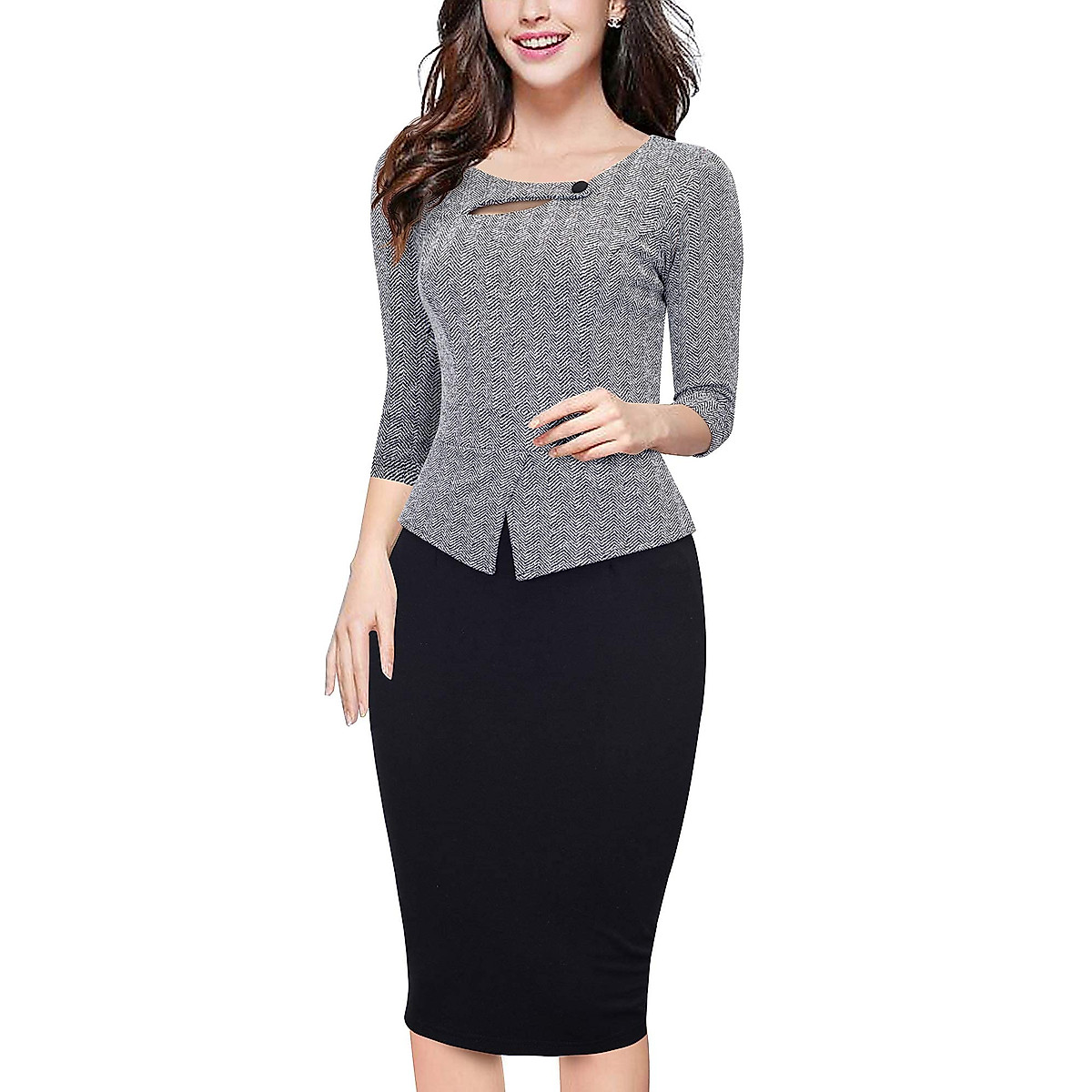 HOMEYEE Women's Elegant Chic Bodycon Formal Dress B288(L, Gray Pattern+Black)