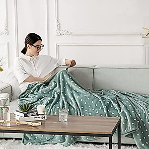 Kingole Flannel Fleece Microfiber Throw Blanket, Luxury Celadon Queen Size Dot Pattern Lightweight Cozy Couch Bed Super Soft and Warm Plush Solid Color 350GSM (90 x 90 inches)