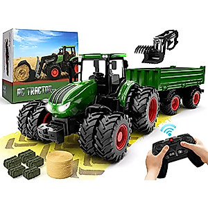 Remote Control Tractor Toy, Kids RC Tractor Set & Truck and Trailer Front Loader - Metal Car Head/8 Wheel/ Light, Toddlers Farm Vehicle Toys for 2 3 4 5 6 7 8 9 Year Old Boys Christmas Birthday Gift