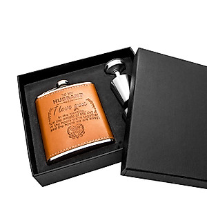 Personalized Flask Set Father's Day Gift For Husband - Engraved Hip Flasks For Husband - Stainless Steel with Leather Flask For Men, Wedding Valentine's Christmas Gift For Husband