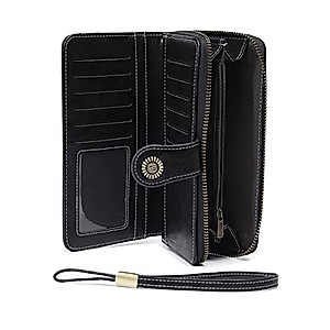 JJUQ Womens Wallet Leather Large Capacity Card Holder Zipper Wristlet Wallets for Women-black