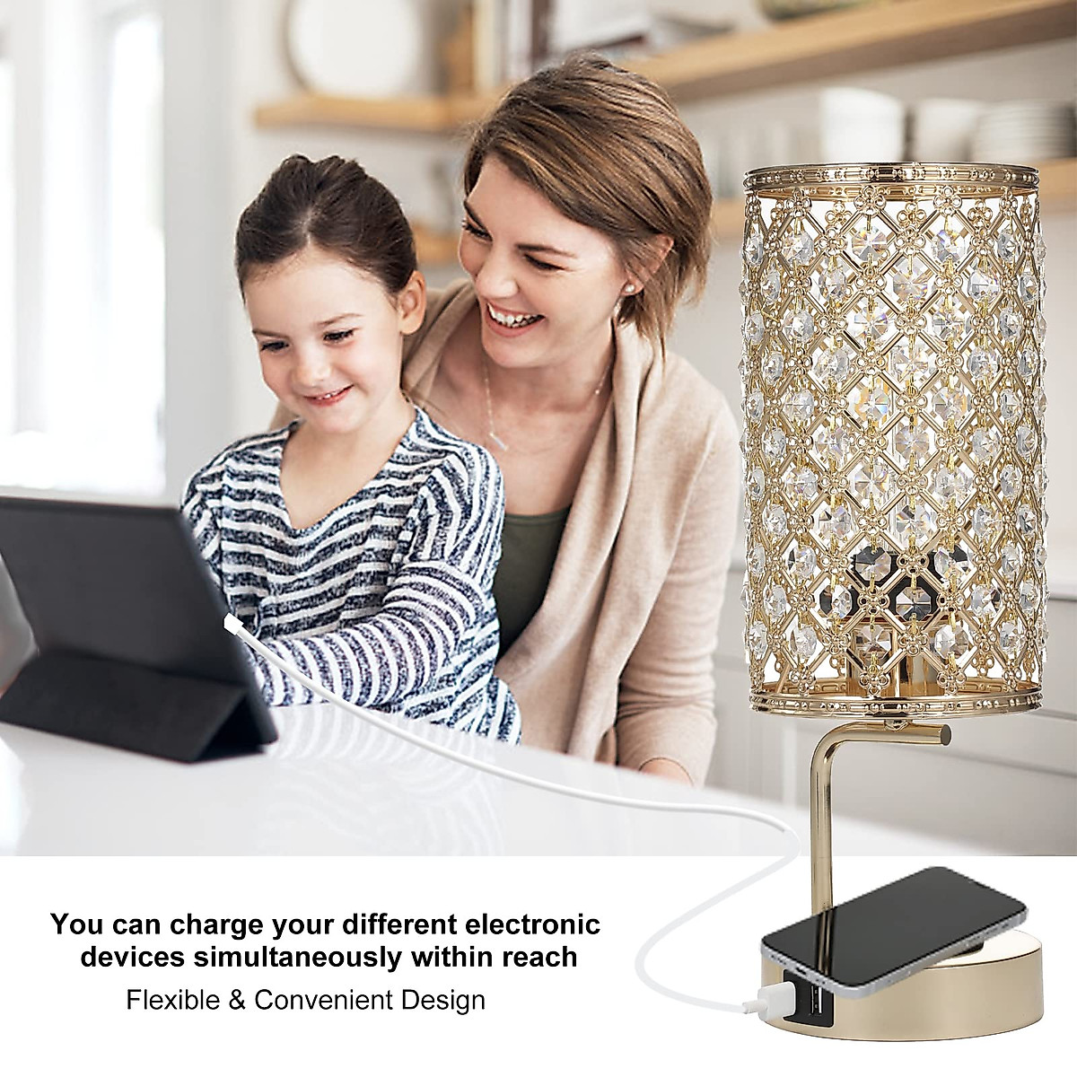 Neoglint Crystal Table Lamp - Gold Bedside Lamps with USB Port & Wireless Charger, Modern 3 Way Dimmable Nightstand Touch Lamps for Bedrooms Living Room(6W Bulb Included)