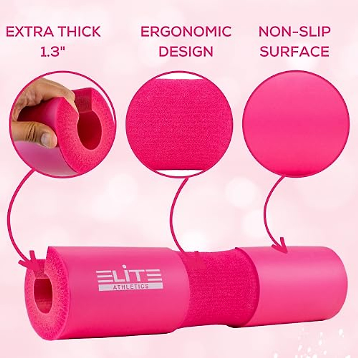 Elite Athletics Barbell Squat Pad with Secure Straps & Carry Bag for Hip Thrusts, Pair of Gym Ankle Straps for Cable Machines, 2 Hip Resistance Bands, 2 Wrist Lifting Straps (Pink)