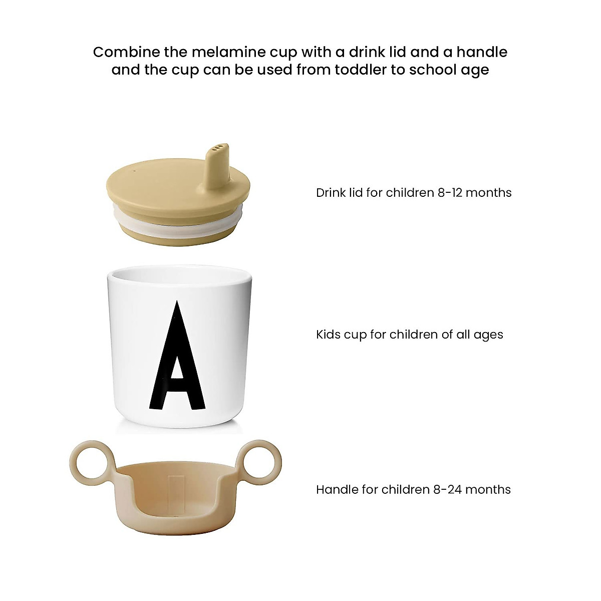 Design Letters Melamine Sippy cups for Baby 7 Oz A-Z | Kids Cups Designed in Denmark Reusable Cup for Baby 6+ Month|Learning Cup BPA/BPS Free | Children Drinking Cup Dishwasher Safe, Toddler Cup White