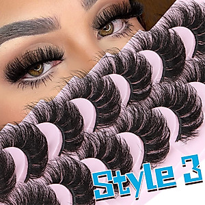 Mink Lashes Fluffy False Eyelashes Natural Look 14-17mm Cat Eye Lashes Pack, 5D Wispy Curly Fake Lashes by TNFVLONEINS - 21 Pairs 3 Styles
