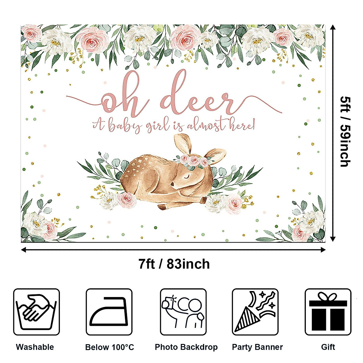 Avezano Woodland Baby Shower Backdrop Pink Floral Girl Deer Baby Shower Photo Background Greenery Fawn Oh Deer Baby Shower Backdrops (7x5ft, 83x59inch)