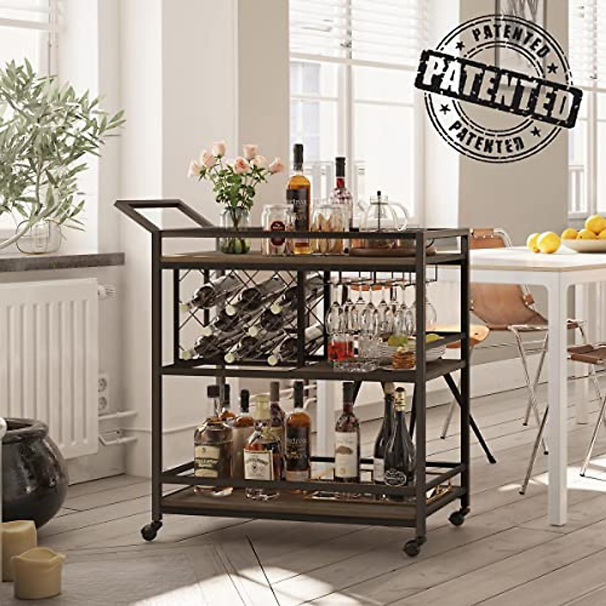 FATORRI Bar Carts for The Home with Wine Rack and Glasses Holder, Rustic Rolling Serving Cart on Wheels for Liquor and Alcohol, Wood and Metal Drink Cart and Beverage Cart (Walnut Brown)
