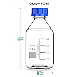 stonylab Graduated Storage Bottles with GL45 Screw Cap, 500 ml Borosilicate Glass Clear Round Lab Reagent Media Storage Bottles with Blue Screw Cap, 1 Pack