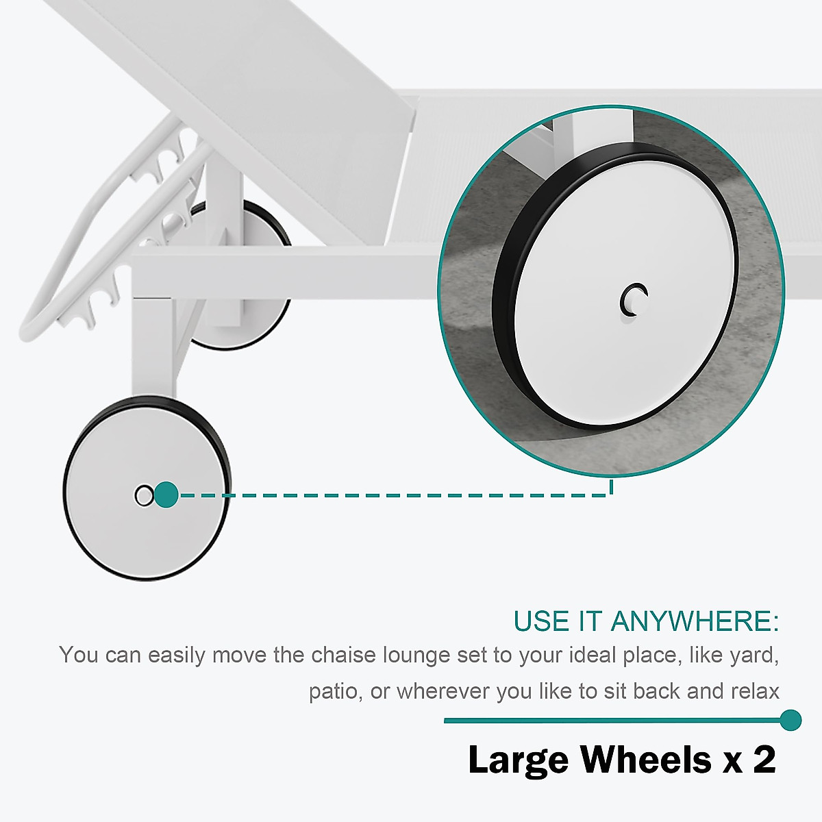 SUNLEI Lounge Chair for Outside Set of 2, Movable Chaise Lounge Outdoor, Pool Recliner Lounge Chairs with Adjustable Backrest & Textilene, Sturdy Aluminum Frame, Tanning Chair for Patio, White