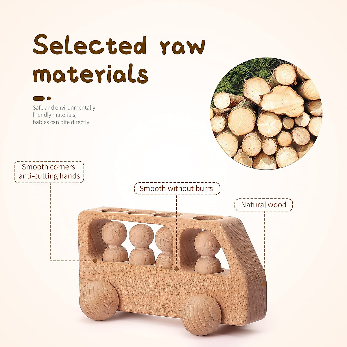 4 Wooden Figures in The Bus - Peg Dolls Unfinished Wooden Peg People Cars Wooden Figures Shape Preschool Learning Educational Toys Montessori Toys for Toddlers