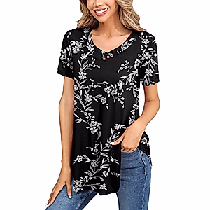 Netsmile Women's Summer Casual Short Sleeve Tunic Tops V-Neck Button Loose Blouse T-Shirts for Leggings, XL, White Carvings Black