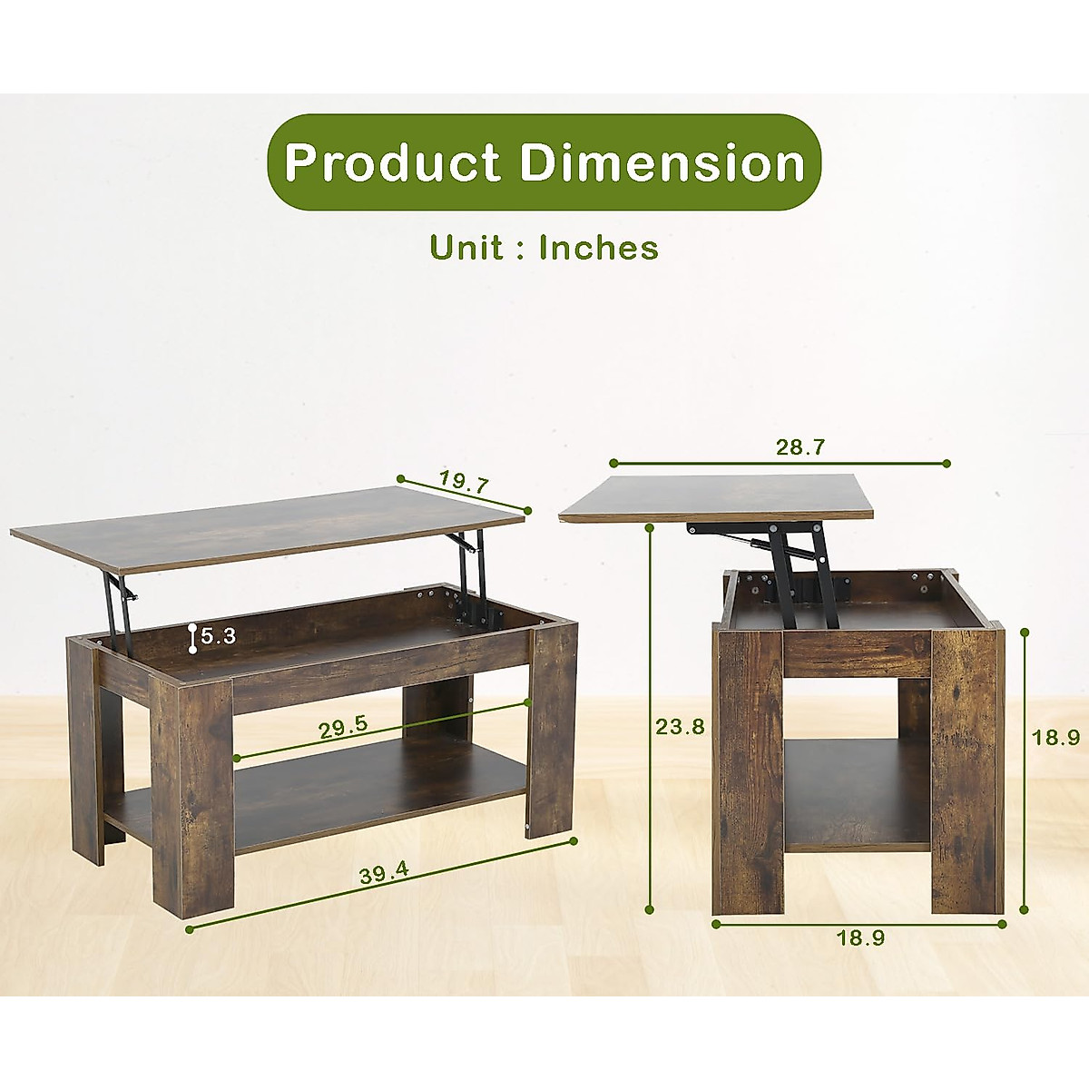 Ruesleag Coffee Table,Lift Top Coffee Table w/Hidden Compartment and Storage Shelf,Retro Wooden Lift Tabletop Dining Table Multifunctional Wooden Working Table for Home Office,39.4in L,Brown