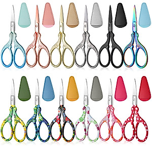 Therwen 12 Pcs 3.6 Inch Embroidery Scissors with Artificial Leather Cover Sewing Scissors Stainless Steel Vintage Craft Scissors for Crafting Threading DIY Needlework Art Manual Handicraft (Stylish)