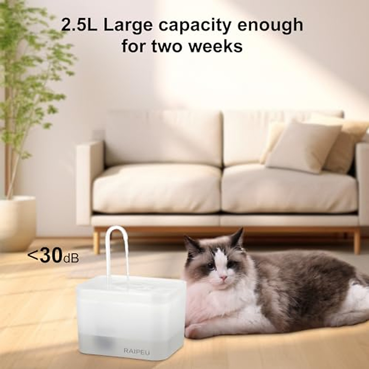 Cat Water Fountain, Raipeu 2.5L Cat Fountain, Activated Carbon Filter, Translucent Water Tank, Pet Water Fountain for Big Cat, Big Dog, Pet(Orange)