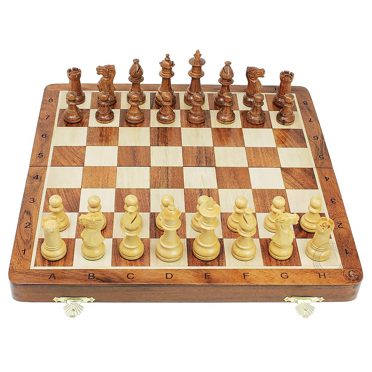 House of Chess - Victorian Staunton Golden Acacia Wood Chess Set - 14 x 14 Inches Wooden Folding Chess Board with Algebraic Notation - Wooden Chess Pieces with King Height 3 Inches + 2 Extra Queens