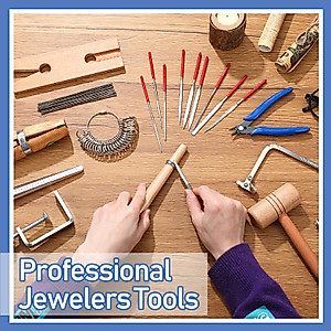 Jewelers Tools Set Including Jeweler Saw Frame Bench Pin Clamp Diamond Needle File Wooden Ring Clamp and Ring Sizer Mandrel Measuring Tool Jeweler's Mallet Hammer Stick for Jewelry Making