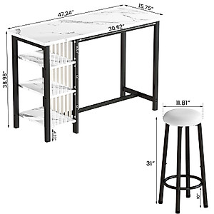 AWQM Home Bar Table Set of 2, 47" White Faux Marble Dining Set with Storage Shelves and Upholstered Leather Bar Height Stools, 3-Piece Kitchen Table for 2 People, Space Saving Table (White & Black)
