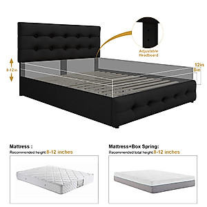 Full Size Bed Frame with 4 Storage Drawers and Adjustable Headboard, Upholstered Platform Bed with Button Tufted Design, Strong Wooden Slats Support, No Box Spring Needed, Black