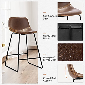 LUE BONA Bar Stools Set of 3, 24" ALX Faux Leather Barstools, Modern Counter Height Stools with Back and Metal Legs, Armless Counter Chairs for Kitchen Island, Brown