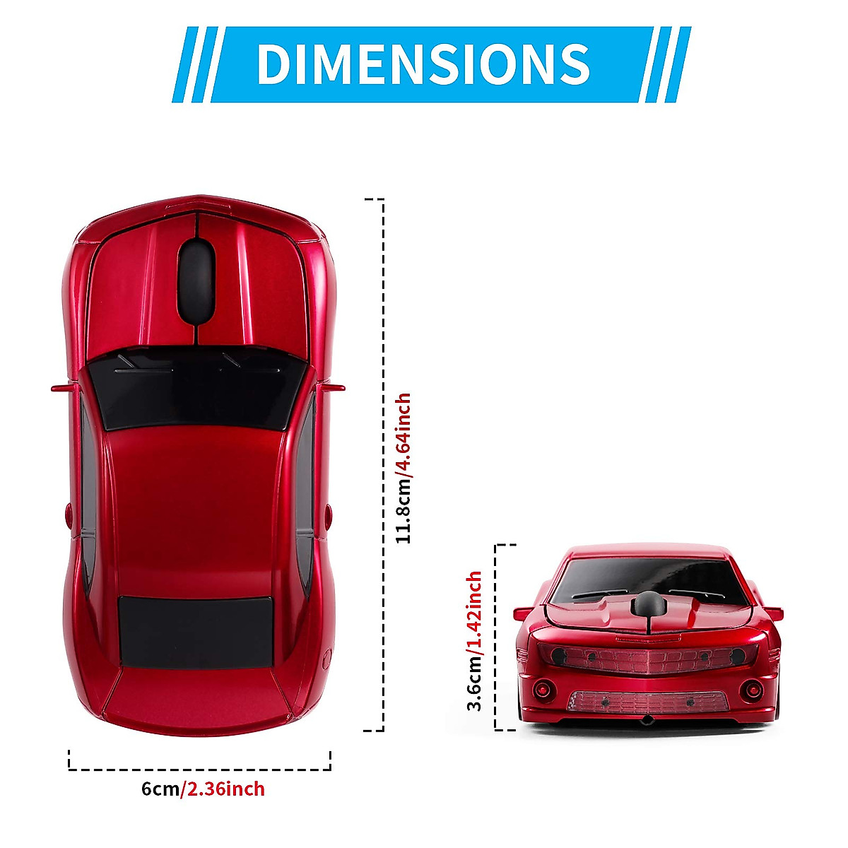 BKLNOG Wireless Car Mouse [Updated] with LED Headlights, 1600 DPI Sports Car Shaped Mouse for Mac, Computers, Red