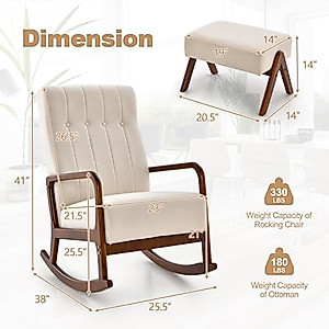 Upholstered Rocking Chair with Ottoman and Solid Rubber Wood Frame and Padded Cushion, Comfortable Rocker Solid Wood for Living Room (Beige)