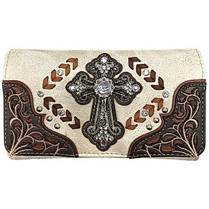 Zelris Western Country Cross Chevron Design Crossbody Trifold Wallet (Beige Brown)