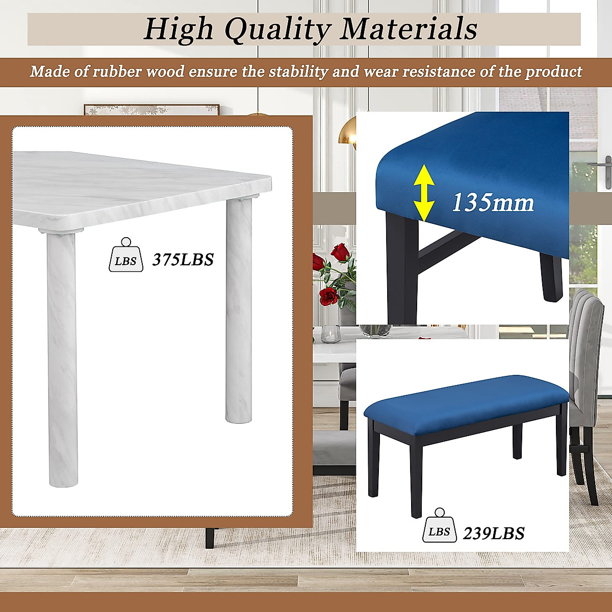 RITSU 6 Piece Rectangular 60" Table Set with Marble Veneer for 6 People, KitchenTableSeat with 4 Dining Chairs and 1 Benches for Living, Guest Room, Home Bar and Kitchen, White + Blue