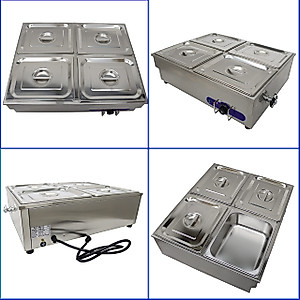 INTSUPERMAI 4 Pots Electric Commercial Food Soup Warmer Canteen Buffet Steam Heater Stainless Steel 110V 1500W 1/2GN x4 pan 12''*8.7''*4'' 4 inch/10cm deep for Catering and Restaurants