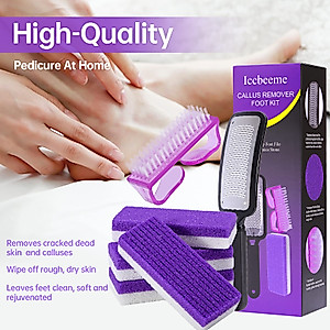 Foot Callus Remover Set,Pedicure Kit Includes 1 Stainless Foot Rasp Foot File,4 Foot Pumice Stone & 1 Nail Brush,Foot Scrubber Remove Hard Dry Skin,Foot Care Pedicure Tools for Wet and Dry Feet,Purple