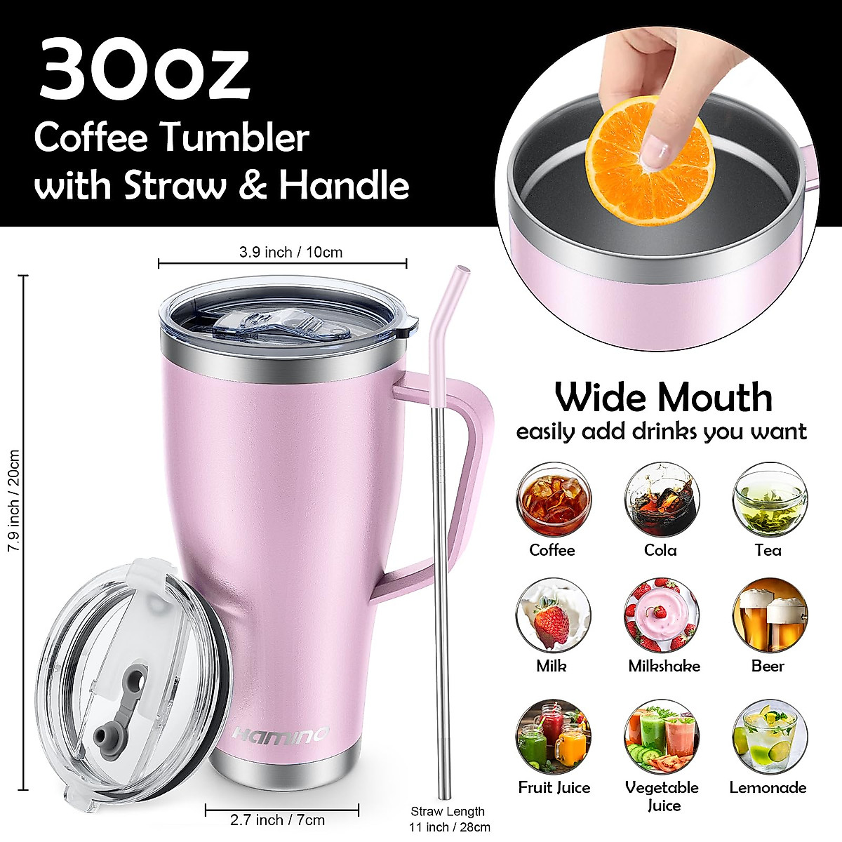 Hamino 30 oz Tumbler with Lid and Straw Handle, Double-Wall Vacuum Travel Coffee Mug with Handle, Stainless Steel Insulated Coffee Tumbler Mug Cup for Home Office Travel HOT COLD Drinks (Dream Pink)
