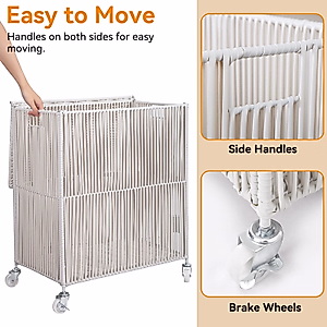 WOWLIVE Laundry Hamper with Wheels, Handwoven Rolling Laundry Basket with Lid, Clothes Hamper with Divided Removable Liner Bag, 115L Large Capacity Laundry Sorter Laundry Room Organization, White