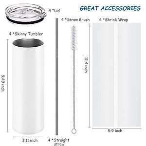 30 Oz Straight Sublimation Tumbler Blank Set, 4 Pack Stainless Steel Skinny Tumbler for Sublimation with Shrink Wrap, Insulated Skinny Slim Water Tumbler for Diy, White