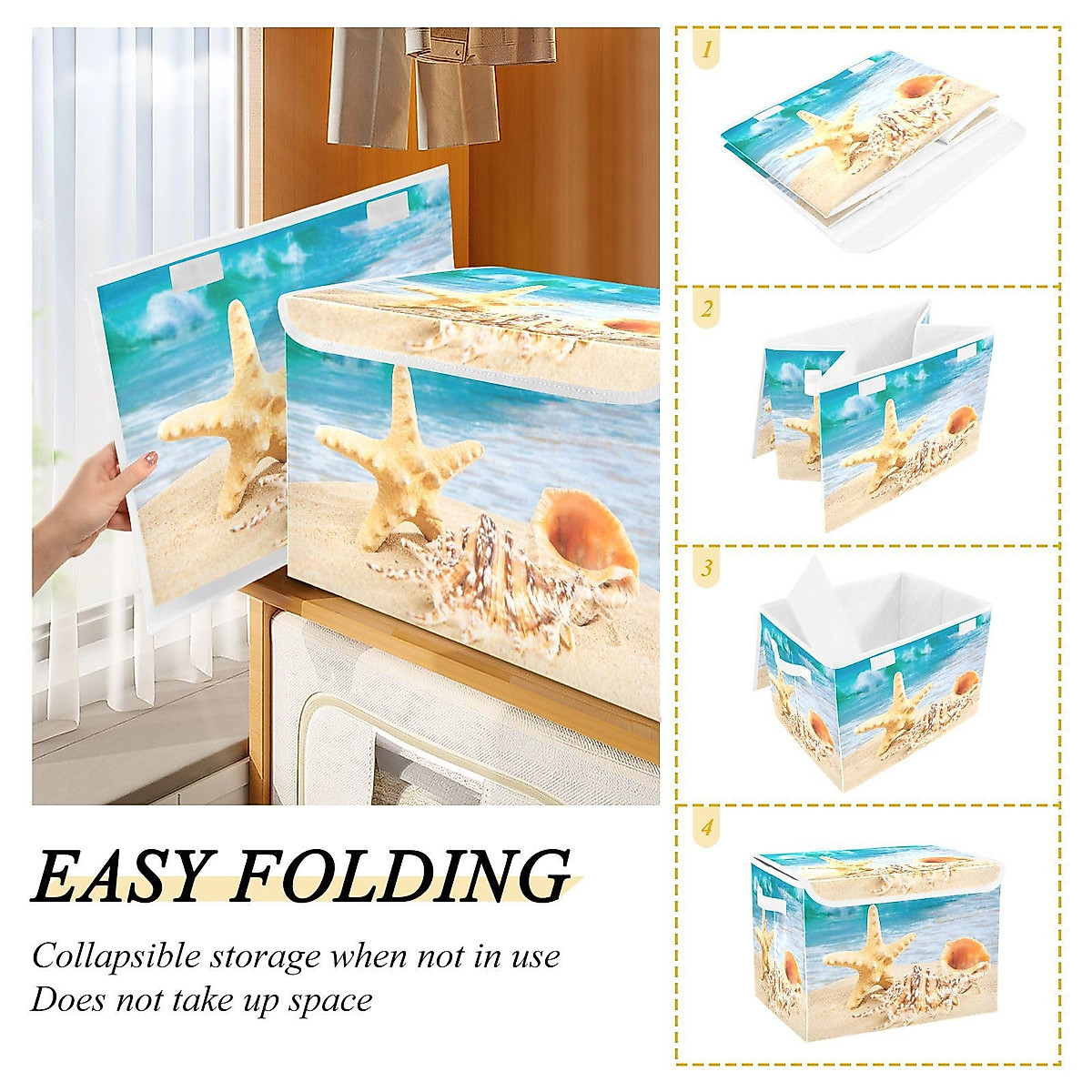 DIGTIA Storage Bins with Lids Shell Starfish Beach Foldable Storage Boxes with Handles Sea Wave Seaside Large Storage Basket Collapsible Organizer Containers for Closet Home Bedroom Office