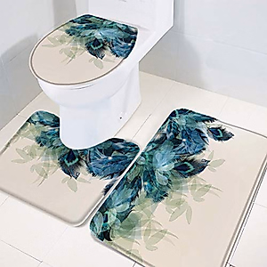 Fantasy Staring Bath Rugs Set 3 Piece, Peacock Feather Washable Memory Foam Non-Slip Contour Mat Toilet Lid Cover Bath Mat Sets for Bathroom Decor,