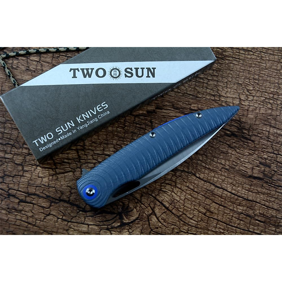 TWO SUN Knives 14C28N Steel Blade Blue G10 Handle TS116 with Pocket Clip