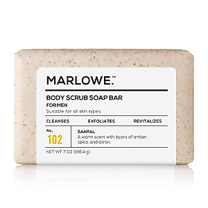 MARLOWE. No. 102 Men's Body Scrub Soap 7 oz, Warm Santal Scent, Best Exfoliating Bar for Men, Made with Natural Ingredients, Apricot Seed Powder, Shea Butter, Olive Oil, Green Tea Extracts
