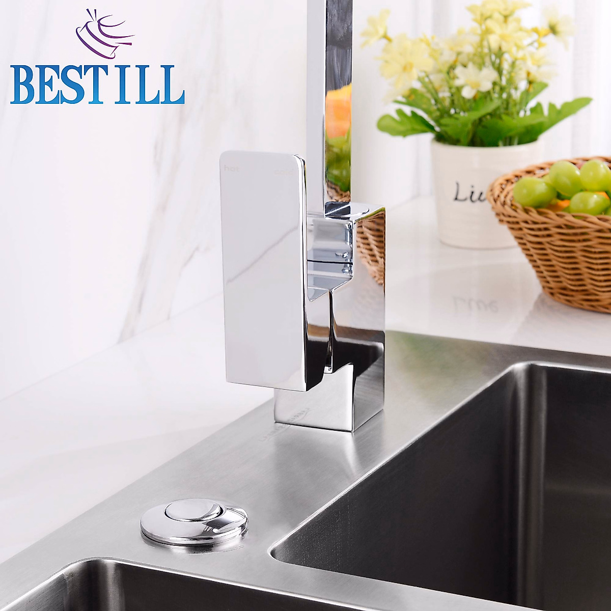 BESTILL Sink Top Garbage Disposal Air Switch Kit with Single Outlet, UL Listed, Chrome Long Push Button with Brass Cover