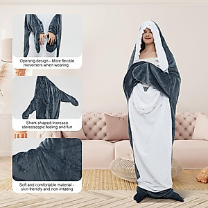 PoVwlty Wearable Shark Blanket Onesie Sleeping Bag, Super Soft Cozy Flannel Hoodie Shark Tail Blankets for Adults Teens Kids (1, GREY, S: FOR 53-61 INCH HEIGHT)