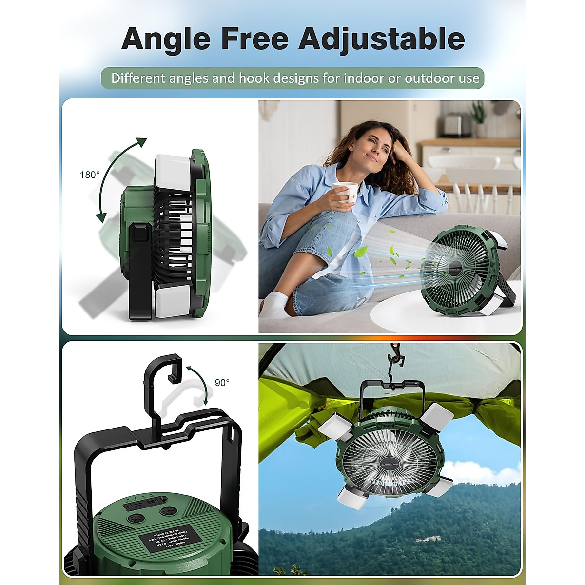 Camping Fan with LED Lantern, 8000mAh Rechargeable Battery Powered Tent Fan for Camping Hanging, Camping Outdoor Fan with Remote, 4 Speed Camping Fan for Tents,Travel,Home,Fishing,Sleep,Emergency