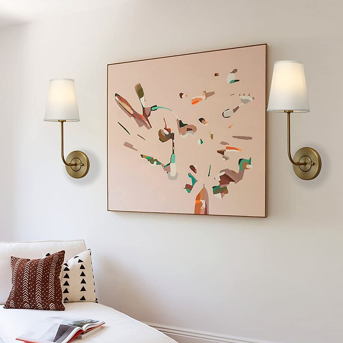 Pathson Set of 2 Rustic Wall Sconces with Light-Yellow Fabric Shade Not Pure White, Bathroom Vanity Lights Modern Wall Sconce Lighting for Bedroom Living Room (Antique)