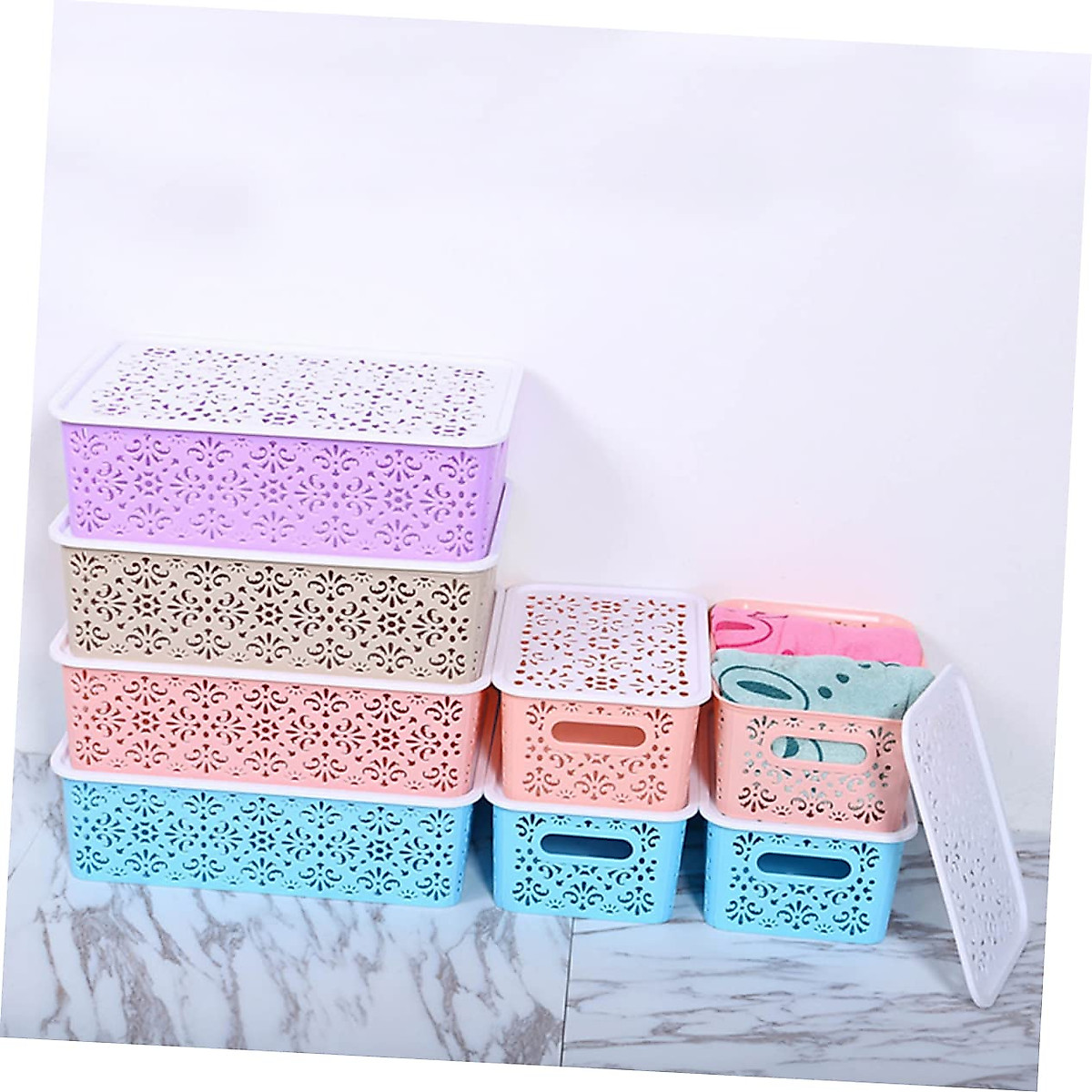 ABOOFAN Box Storage Bins with Lids Hollow Storage Basket Organization Baskets Sundries Organizer Pantry Bins Drawer Organizer Lidded Storage Bins Clothes Storage Basket Food Laundry Basket
