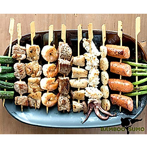 BAMBOOSUMO 10" Bamboo Shish Kabob skewers for Grilling | Extra Long | Flat Wood Skewer Shape w/Flag Paddle Handle