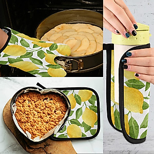ALAZA Summer Lemon Fruit Leaves Watercolor Oven Mitt and Pot Holder Set Heat Resistant Kitchen Glove for Cooking Baking Grilling Barbecue